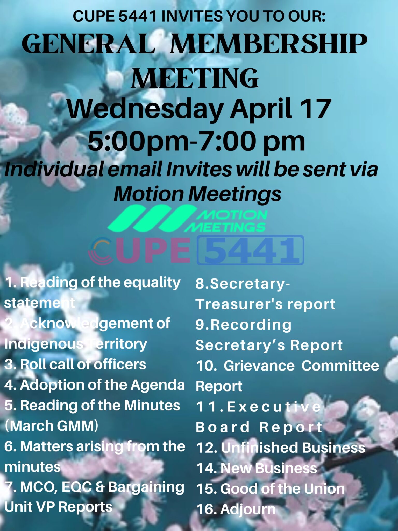 Wednesday April 17, 2024 - General Membership Meeting - CUPE 5441