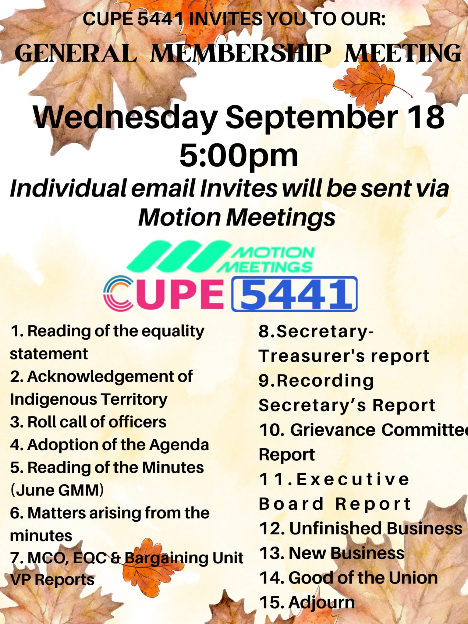 September 18, 2024 - General Membership Meeting - CUPE 5441